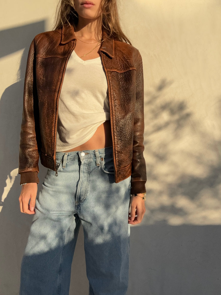 Vintage Brown Leather Distressed Jacket – villa amour vintage
